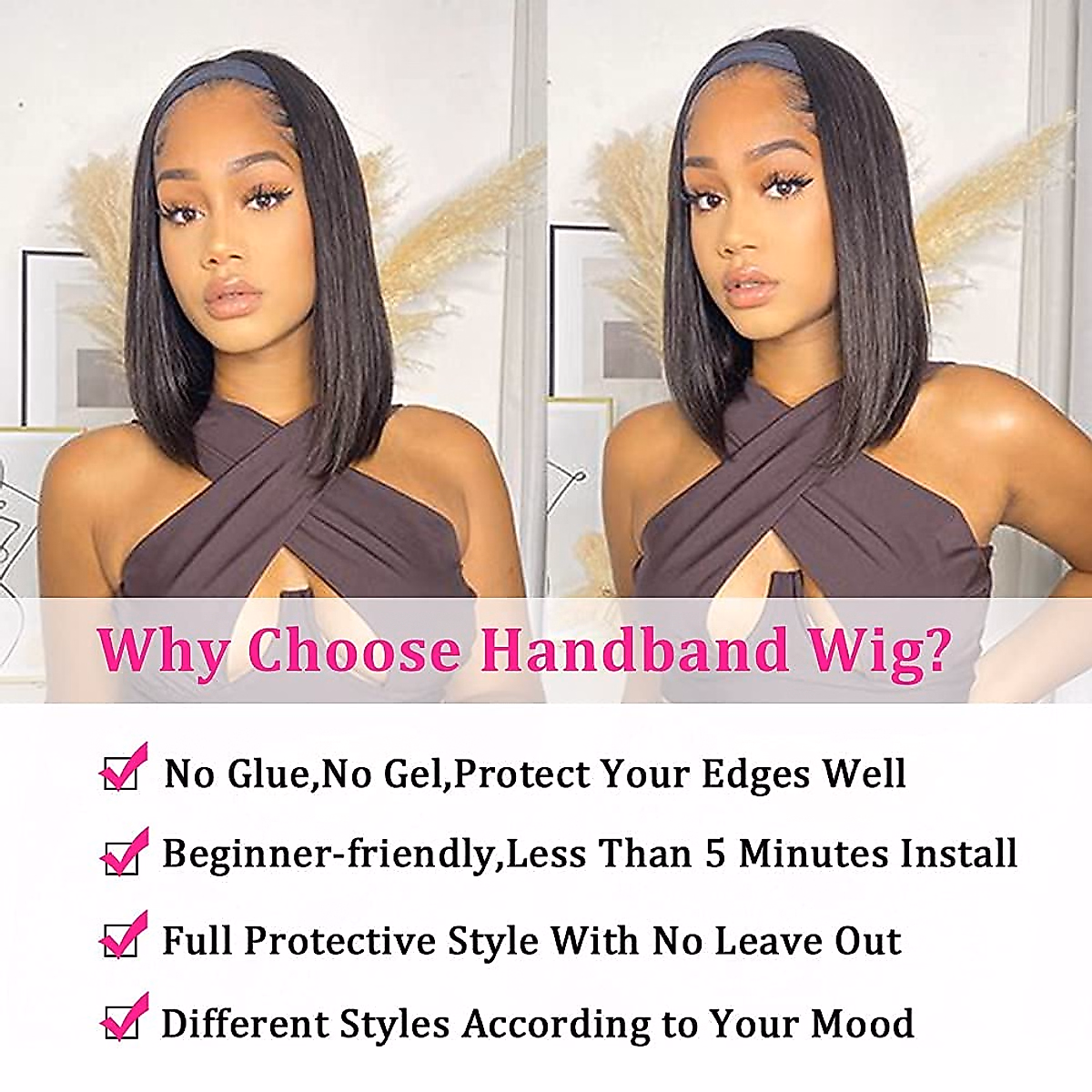 AISI Headband Wigs Human Hair Bob Headband Wigs for Black Women Easy Put On and Go Glueless Wigs Short Straight Wigs Machine Made 150% Density No Lace Headband Wig Natural Color(10 Inch)