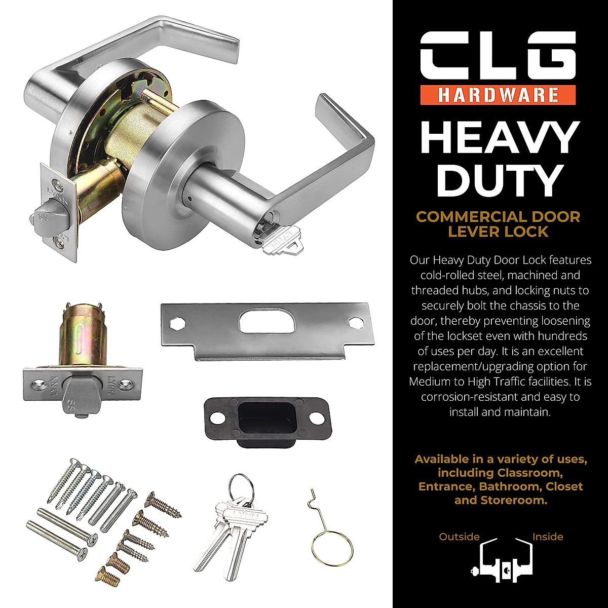 CLG HARDWARE Commercial Lever Door Lock - Heavy-Duty Locking Door Handle, Designer Door Handles, Cylindrical Lever Lock, Non-Handed Grade 2 Industrial Door Handle, 26D Satin Chrome, Classroom Function