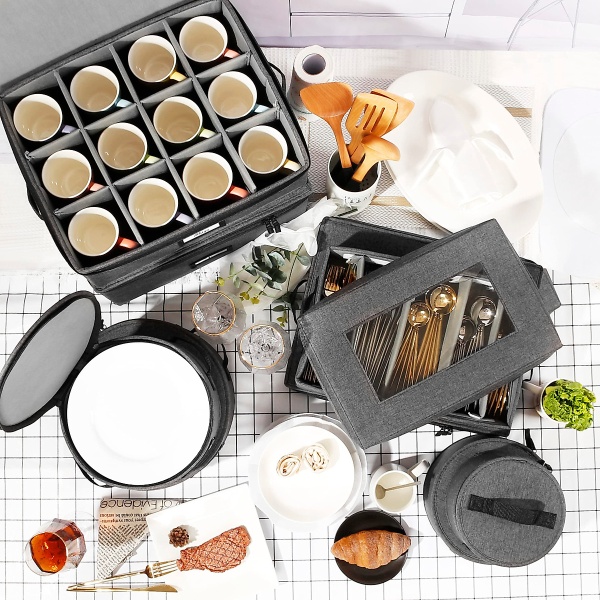 Homelux Theory Silverware Storage box | 15"x10.3"x3" ULTRA THICK HARDSHELL ALL SURFACES & COVER | Flatware Storage Containers | Adjustable 5 compartments | Cutlery Organizer with handles