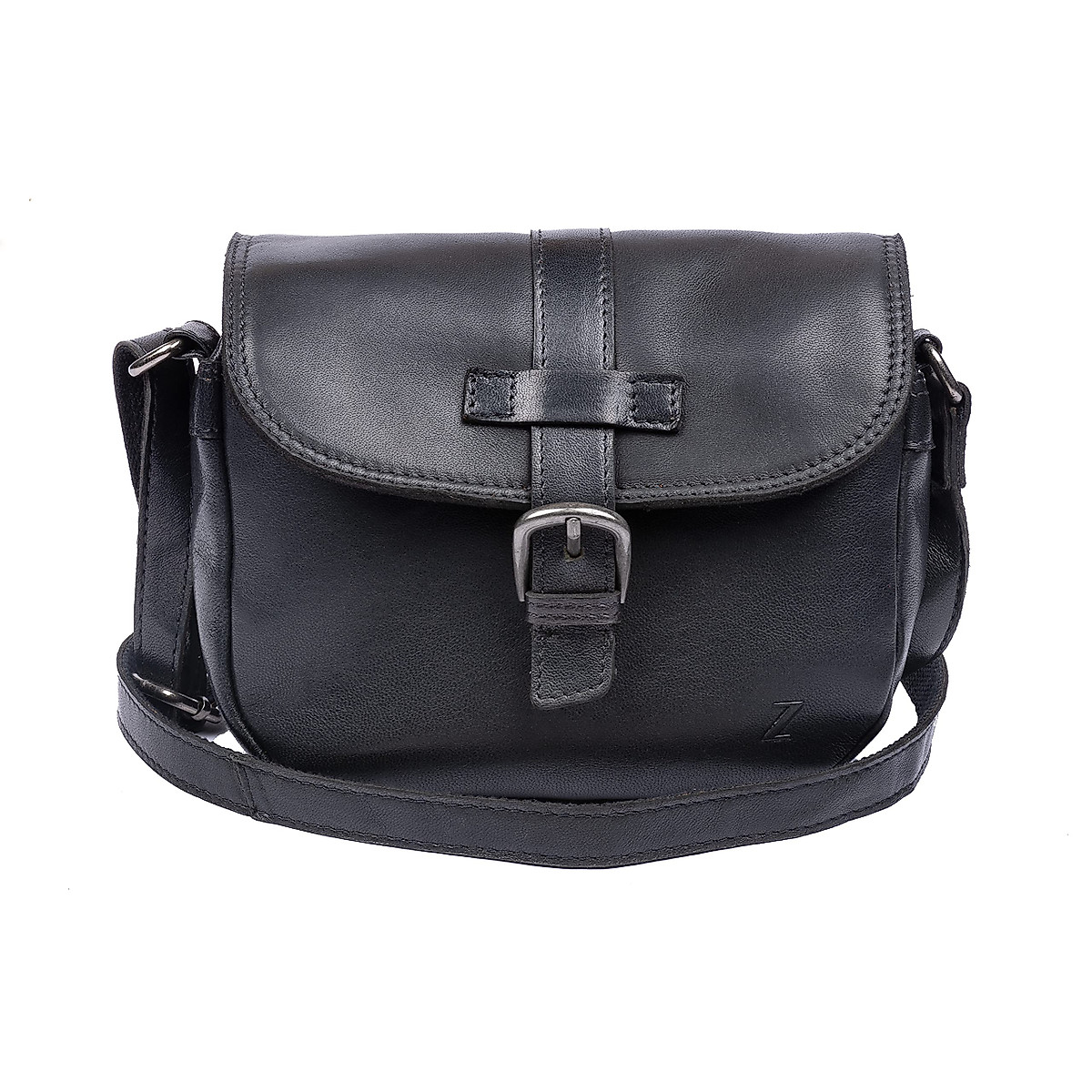 Zinda Genuine Leathers Saddlebag Flap Over Women's Handbag Crossbody Shoulder Sling Multiple Pockets (Black)