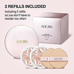 AGE 20’s Signature Hydrating Essence Sunscreen Foundation for Dry Skin, SPF 50+, BB & CC Cream, Moisture Cushion Pact, Refill Included, 21 Light Beige (0.49oz x 2ea)