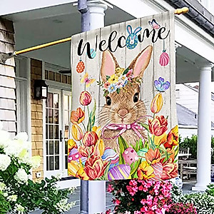 Easter Flag, Easter Flags for Outdoors 28 x 40 Double Sided, Burlap Welcome Easter House Flag with Bunny Eggs Tulips Flowers Spring Farmhouse Signs Banners for Outside Lawn Garden Décor