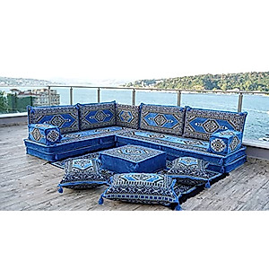 Blue Premium Arabic Seating, Handmade Floor Couches, Sectional Sofas, Turkish Floor Sofas, Moroccan Livingroom Sofas, Arabic Majlis, Sofa Slipcovers, Living Room Furniture (L Sofa Full Set)