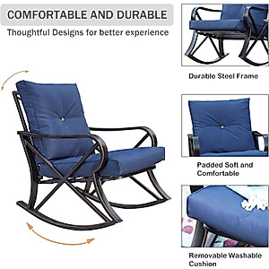 LOKATSE HOME 5 Pieces Patio Conversation Set Outdoor Metal Furniture Padded Deep Seating with Loveseat, 2 Rocking Chairs and 2 Coffee Table, Blue