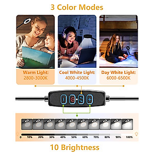 KOTUDAY Clip on Desk Lamp with Clamp for Reading Home Office, 360° Ajustable Clip Light for Bed Headboard, Bedside or Desk with 10 Dimmable Brightness 3 Eye-Care Color Modes