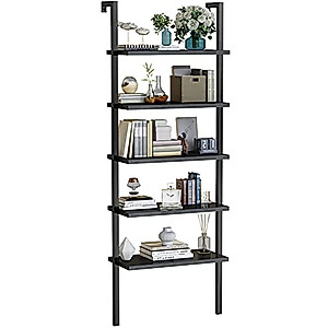 AWQM Black Bookshelf, 5 Tier Modern Bookcase,Wood Wall Mounted Bookshelf,Industrial Ladder Shelf with Stable Metal Frame,Open Display Rack Storage Shelves for Living Room/Home/Office