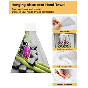 2 PCS Kitchen Hand Towels, Orchid Dew Basalt Stones Floral Aromatherapy Soft Plush Hanging Tie Towels with Loop for Kitchen Bathroom Dish Cloth Tea Bar Towel Close-up Purple Floral