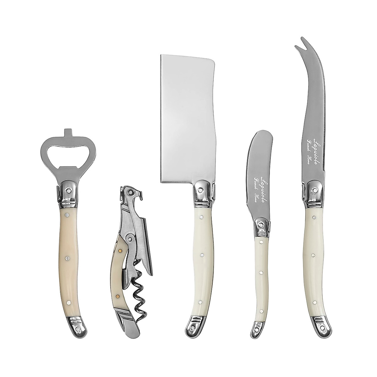 French Home Laguiole Serving Utensils Set of 5 – Kit w/Cleaver, Fork Tipped Spear, Spreader & Barware – Cheese Serving Utensils w/Faux Ivory Handles for Parties