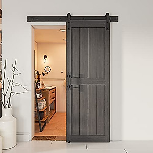 ALAMEDADT 30''x84'' Sliding Barn Door with 5 Ft Barn Door Hardware Kit& Handle& Floor Guides,Pre-Drilled Holes Easy Assembly - Include Installation Manual, Water-Proof PVC Surface, H-Frame, Grey