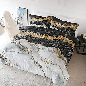 BlessLiving Bedding Duvet Cover Set Black White Gold Foil Marble Pattern on Comforter Cover 3 Pieces 1 Marble Abstract Duvet Cover 2 Pillowcases Bed Cover with Zipper Closure (King)