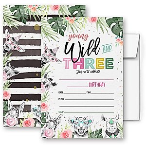 LoaHak Party Animal Birthday Decorations, Young Wild And Three Invitation, Jungle Animals Party Celebration, Woodland Tropical Party Supplies. (034)