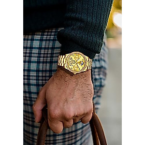 AIYISHI Unisex Golden Watches Luxury Diamond Fashion Waterproof Stainless Steel Luminous Calendar Date Quartz Wrist Watch for Men and Women (Gold dial)