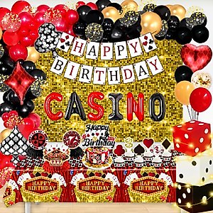 Casino Theme Party Decorations 132pcs Casino Party Decorations Casino Night Decorations Casino Birthday Decorations Casino Decorations includes Banner Balloon Box Backdrop Cake Decorations Tablecloth