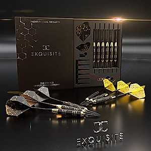 CC-Exquisite Premium Steel Tip Darts Set - Professional Darts, Brass Barrels, Metal Tip Darts, Extra Flights, (12) Aluminum Shafts 35/48, O-Rings, Dart Tool, Dart Sharpener, Darts Case.