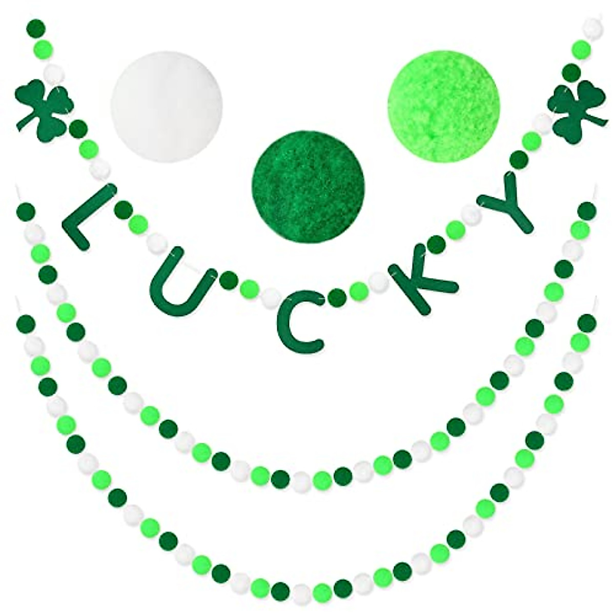 Whaline 3Pcs St. Patrick's Day Felt Pom Pom Banner Lucky Shamrock Clover Felt Garland Green White Pom Ball Banner Decorative Hanging Bunting Garland for Home Wall Decor Irish Party Supplies, 8.2Ft