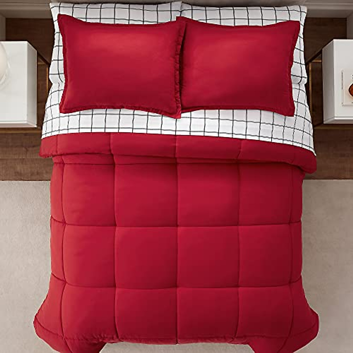 Serta Simply Clean Complete 7 Piece Hypoallergenic Reversible Bed in a Bag with Sheets and Pillow Cases for All Season, Queen, Red/Grey