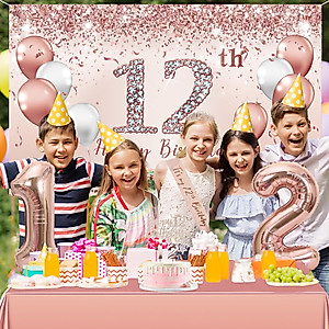 Trgowaul 12th Birthday Decorations Party Set for girls, Rose Gold 12 Birthday Banner and Tablecloth, 12& Fabulous Sash and Tiara, 1PC Happy 12th Birthday Cake Topper, Pink Gold 12 Number Balloons
