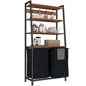 Furnulem 4 Tiers Laundry Hamper with Shelf and Hooks, Tall Laundry Basket Sorter with 2 Removable Laundry Bags, Ladder Shelves with Clothes Hamper for Laundry Room Bathroom Bedroom