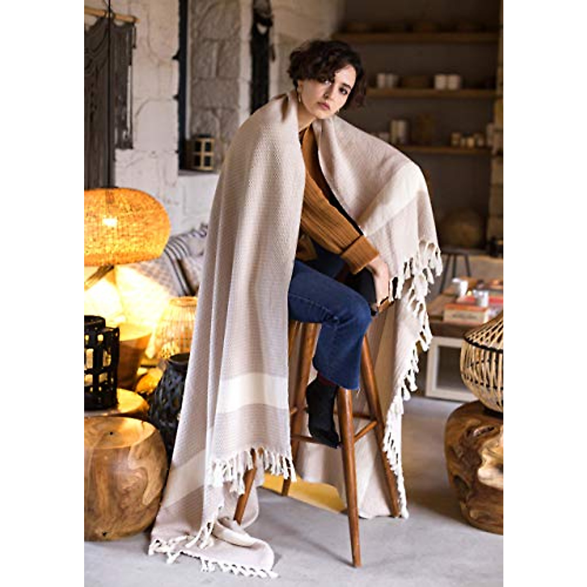 Fringe Home Throw Blanket, Boho Throw Blanket, 68" x 51" Throw Blanket for Sofa, Cotton Throw Blanket, Couch Throw Blanket, Made in Turkey (Boho - Beige)