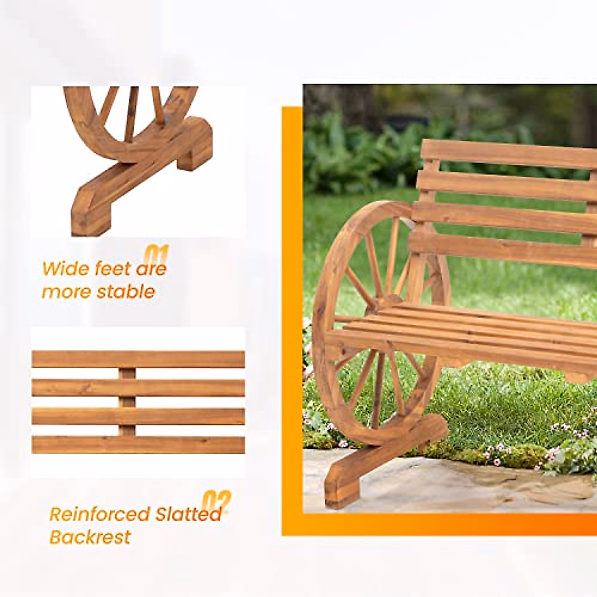 FDW Wooden Wagon Wheel Bench Outdoor Patio Furniture Lounge Furniture 2-Person Seat Bench for Backyard, Patio Garden Rustic Country Design w/Slatted Seat and Backrest,Log Color