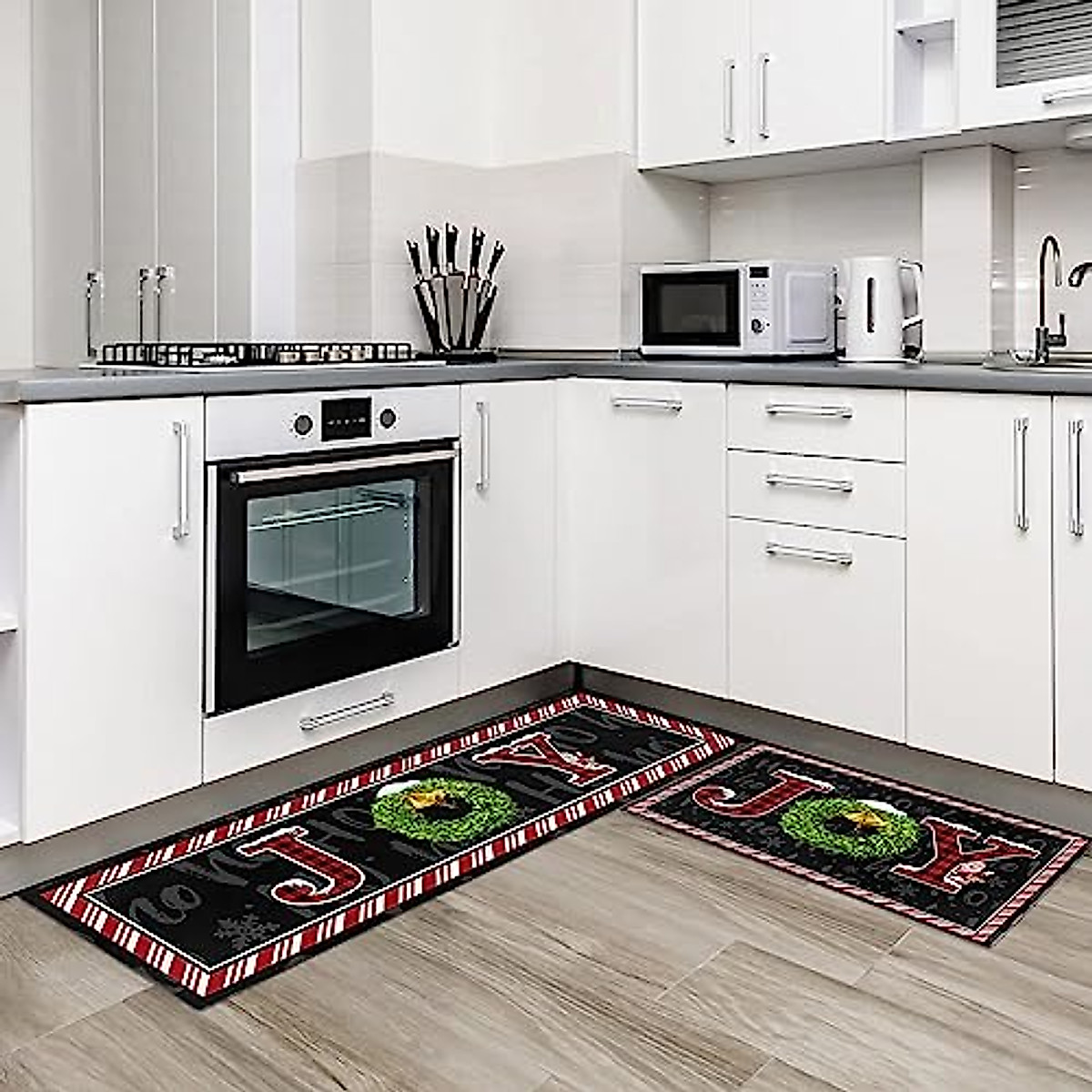 Miaklek Christmas Kitchen Mats Anti Fatigue 1 Piece, Kitchen Mats for Floor, Comfort Mat for Kitchen Floor, Non Skid Mats for Kitchen,Office,Sink,Oven,Laundry, Red and Black Plaid Christmas Joy