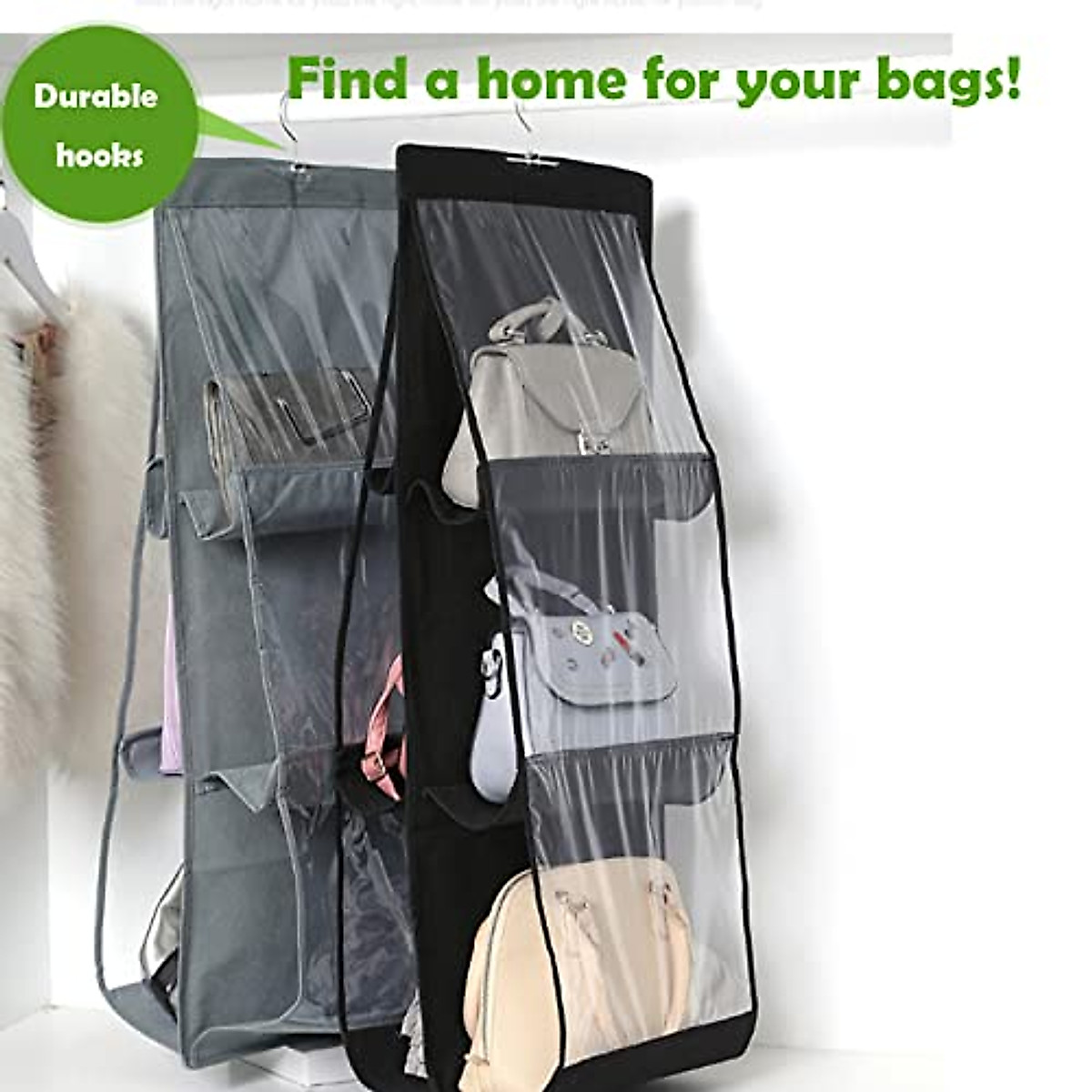 Double-Sided Six-Layer Hanging Storage Bag, High Capacity Transparent Collapsible 6 Pockets, Hanging Closet Storage Bag, Hanging Purse Handbag Organizer (Black)
