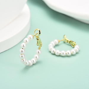 GULICX Pearl Hoop Earrings for Women, 14K Gold Plated Pearl Earrings 925 Sterling Silver Post 20mm Big Pearl Hoop Earrings Jewelry Gifts