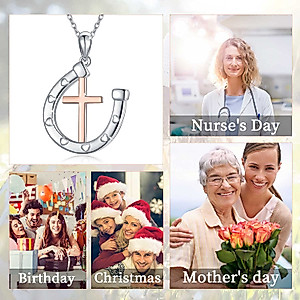 MEDWISE Faith Cross Horseshoe Necklace Gifts for Women Cowgirl Sterling Silver Horseshoe Pendant Necklace Jewelry for Horse Lover Birthday Christmas Gifts