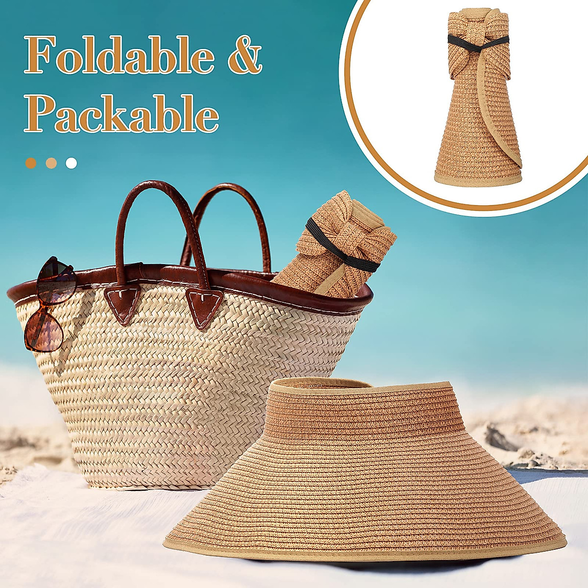 6 Pcs Foldable Straw Summer Beach Hat for Women Wide Brim Ponytail Sun Visor Adjustable Caps for Travel (Classic Colors)
