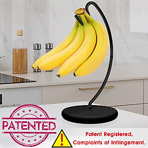Niceyos Banana Holder Stand - Newest Patented Modern Banana Hanger with Wood Base Stainless Steel Banana Tree Hook Rack for Kitchen Countertop (Full Black)