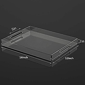 12x16 Clear Acrylic Serving Tray with handle,Spill Proof Rectangular Serving Tray Great For Coffee Table,Food,Wine,Fruit,Makeup Vanity tray,Ottoman Tray,organizer plastic tray for Kitchen and Bathroom