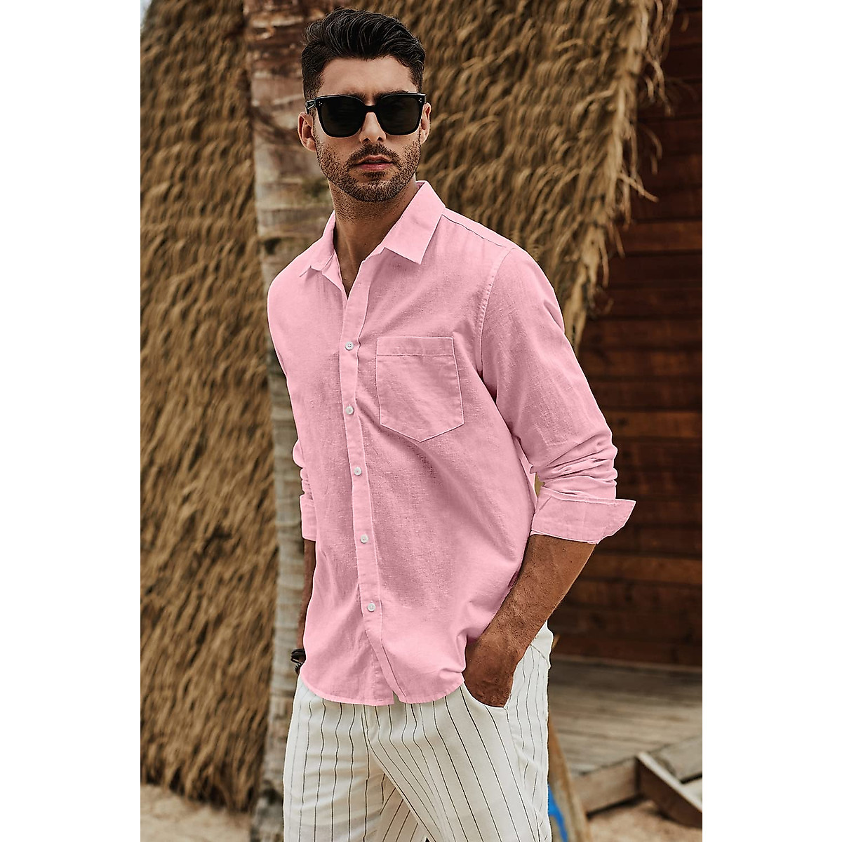 JMIERR Mens Cotton Linen Casual Stylish Button-Down Shirt Long Sleeve Business Fitted Dress Shirts Summer Beach Shirts for Men Old Money Regular Fit with Pocket, US 46(XL), Pink
