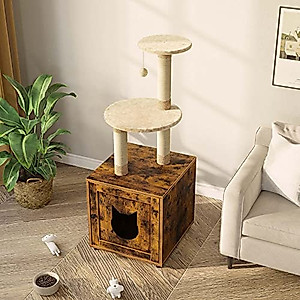 FavePaw Cat Litter Box Enclosure, Cat Tree with Litter Box Enclosure, Cat Litter Box Furniture with Cat Tree Tower and Condo, Indoor Cat House with Sisal Scratching Post and Soft Plush Perch, Brown