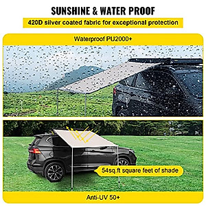 VEVOR Car Side Awning, 6.6'x8.2', Pull-Out Retractable Vehicle Awning Waterproof UV50+, Telescoping Poles Trailer Sunshade Rooftop Tent w/Carry Bag for Jeep/SUV/Truck/Van Outdoor Camping Travel, Sand