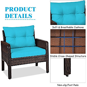 RELAX4LIFE 3-Piece Patio Furniture Set, PE Rattan Wicker Outdoor Conversation Set w/Glass Top Coffee Table & Thick Cushions for Deck Porch Balcony Garden, Bistro Table and Chairs Set of 2 (Turquoise)
