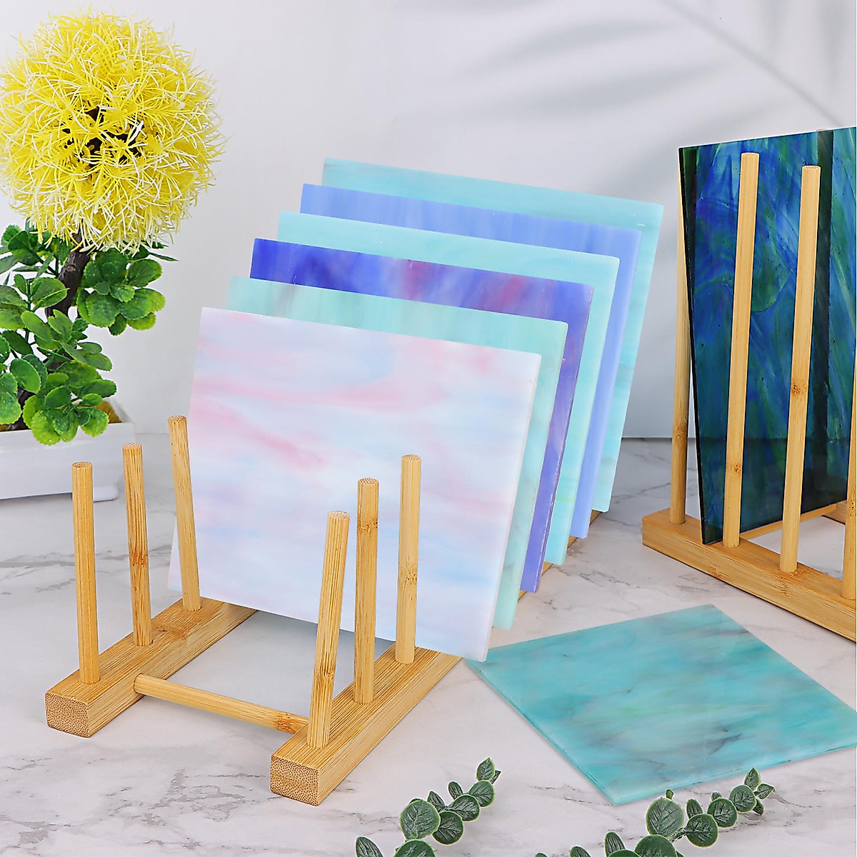 Youdaju 3Pack Stained Glass Organizer Bamboo Dish Plate Rack Wooden Dish Plate Stand Stained Glass Holder Space Saving Bamboo Drying Rack Baby Bottle Drying Rack, 8 Slots Organizer