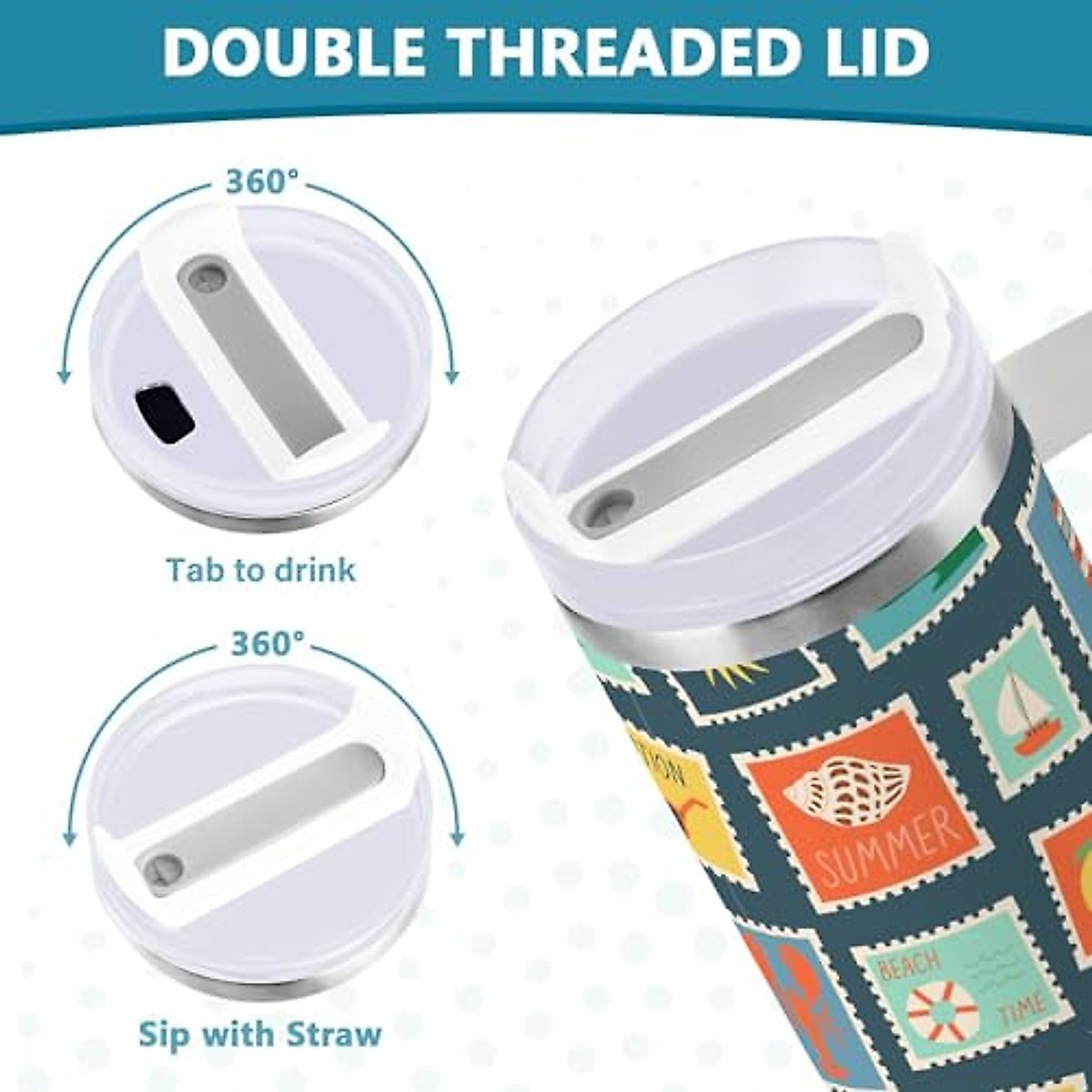 Emelivor Summer Stamps Blue 30 oz Tumbler with Lid and Straw Insulated Tumblers with Handle Leak Proof Coffee Tumbler Mug Large Water Bottles for Hot and Iced Cold Drinks