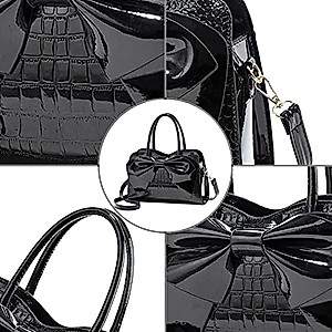 XingChen Shiny Women Handbag Patent Leather Bowknot Purse Charm Glossy Top-Handle Satchel Tote Fashion Shoulder Bag(Black)