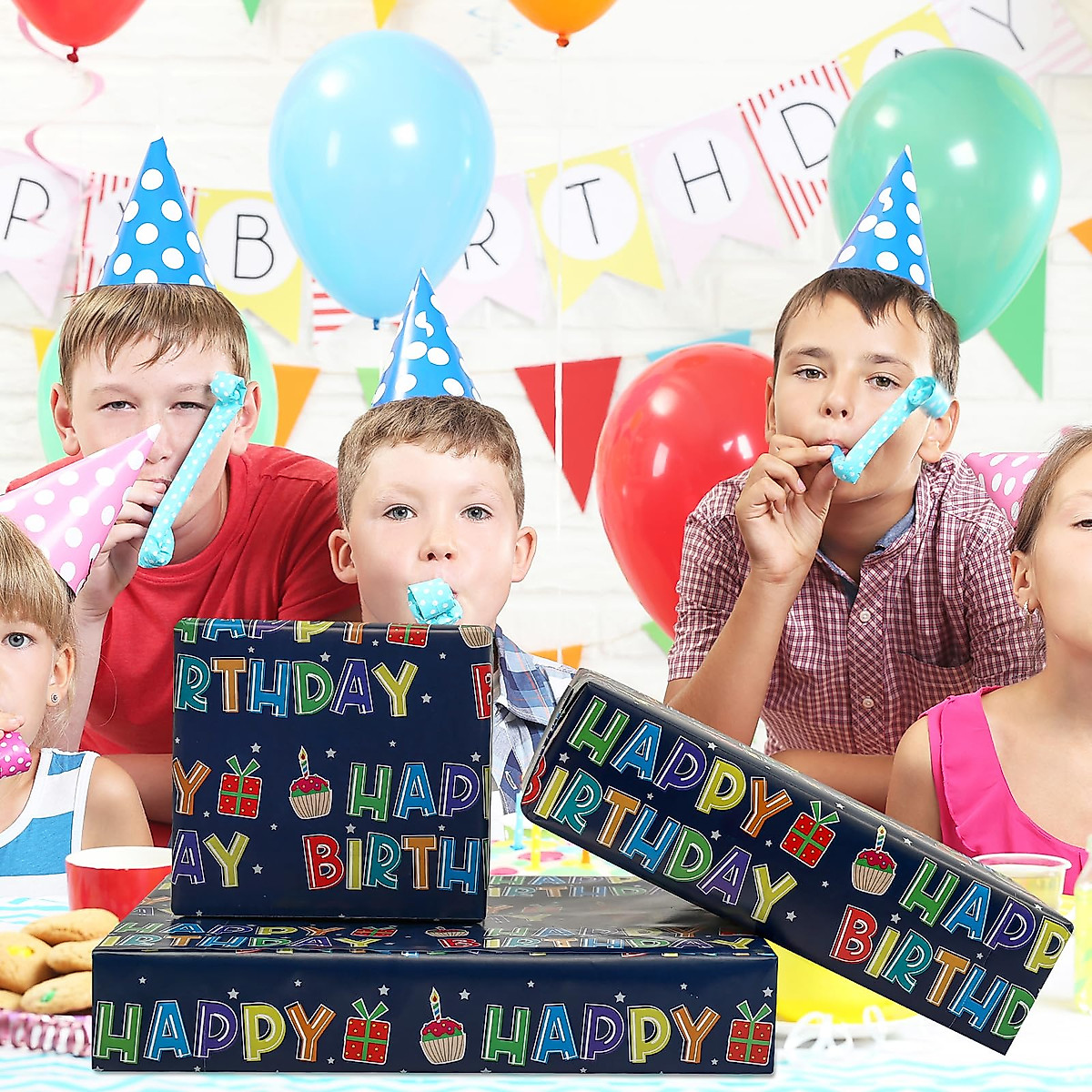 BULKYTREE Birthday Wrapping Paper with Cut Lines for Boys Girls Kids Men Women Holiday Birthday Theme Party - 3 Large Sheets Colorful Cake Happy Birthday Gift Wrap - 27 Inch X 39.4 Inch Per