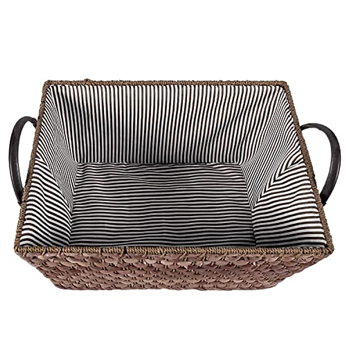 MyGift Woven Brown Wicker Handled Storage Basket with Decorative Striped Fabric Liner, Rectangular Open Organization Basket Bin for Nursery, Magazines Pet Toys, Media and Small Household Items