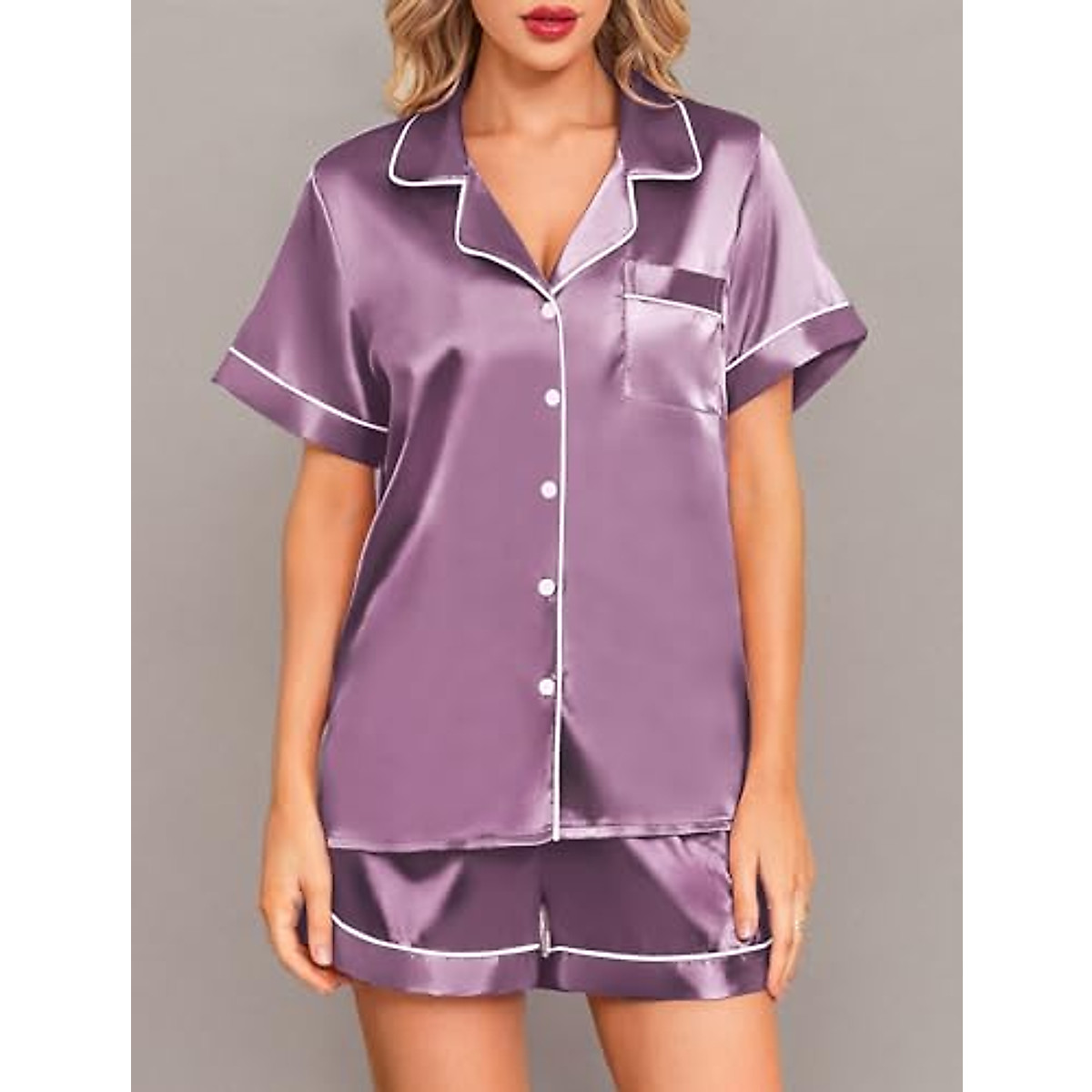 Women's Silk Satin Pajamas Set Short Sleeve Sleepwear Two Piece Button Down Pj Set with Pockets Violet