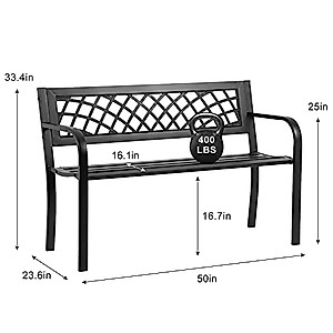 Hkeli Garden Bench Patio Park Metal Bench with Armrests Sturdy Steel Frame Black Porch Outside Bench Cast Iron Porch Bench for Yard Front Porch Path Lawn Work Entryway, 400lbs