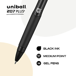 uniball 207 Plus+ Retractable Gel Pens 12 Pack in Black with 0.7mm Medium Point Pen Tips - Uni-Super Ink+ is Smooth, Vibrant, and Protects Against Water, Fading, and Fraud