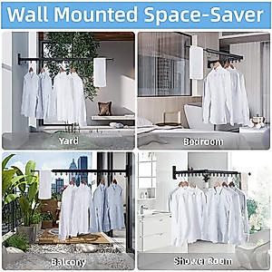 MYOYAY Wall Mounted Folding Clothes Hanger Space-Saver, Indoor/Outdoor Adjustable Clothes Drying Rack, 220 LBS Retractable Dry Coat Hanger for Laundry Room, Storage Organiser Instant Closet,Black