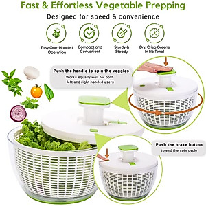 Brieftons QuickPush Salad Spinner: Large 6.3-Quart Vegetable Washer Dryer Strainer Drainer, Easy One-Handed Handle & Brake, Fast Spin Cycles, Compact Storage, to Wash, Clean & Dry Vegetables, Fruits