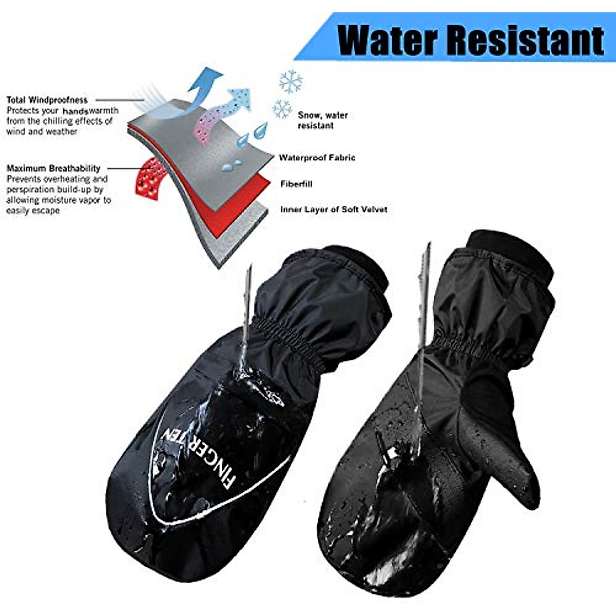 FINGER TEN Winter Golf Gloves Mittens Mitts Men Thermal 1 Pair, Windproof Waterproof Anti Slip Grip Warm Cold Weather Mitt for Push Cart and Practice Christmas Gift Pack (1 Size)