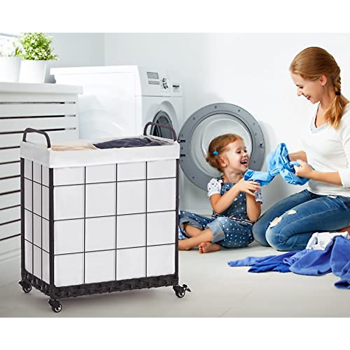 Laundry Hamper with Divided Liner Bag; Collapsible Laundry Basket with Rolling Lockable Wheels; Clothes Hamper with Metal Handle; Laundry Sorter with Removable Liner Bag (White)