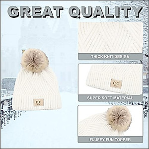 Funky Junque Girl's Knit Pom Beanie Hat: Diagonal Stripes Faux Fur Pom w/Patch (White)