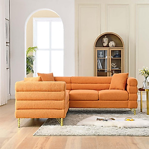 Antetek L-Shaped Sectional Couches, Modern Teddy Fabric Upholstered Chaise Lounge Sofa Couch with Square Arm and 4 Golden Metal Legs for Living Room, Office, Orange