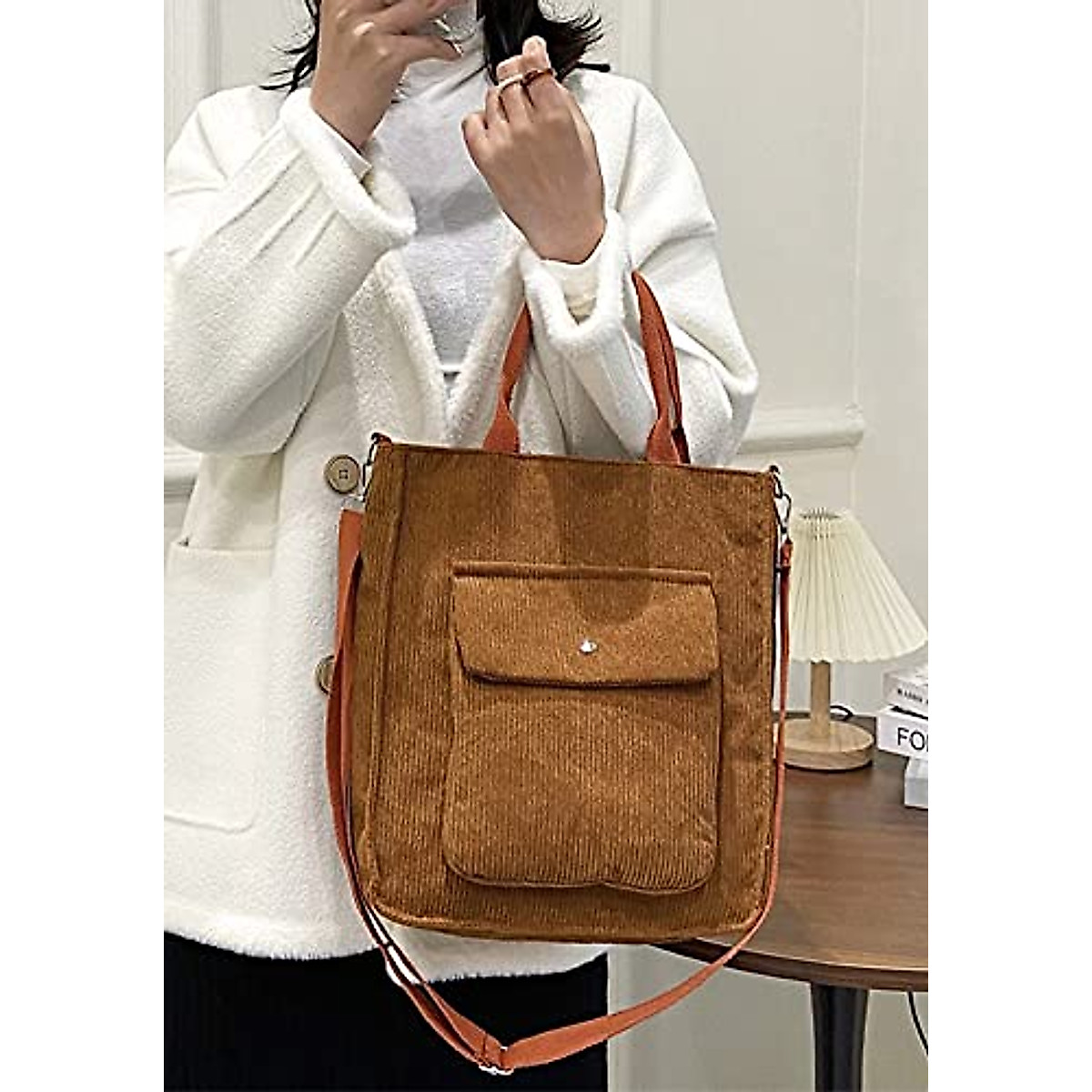 Corduroy Crossbody Bag for Women Girls,Casual Satchel Bag Large Capacity Corduroy Small Tote Bag for Work & School